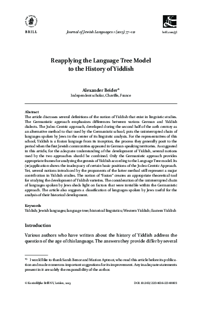 (PDF) Reapplying the Language Tree Model to the History of Yiddish
