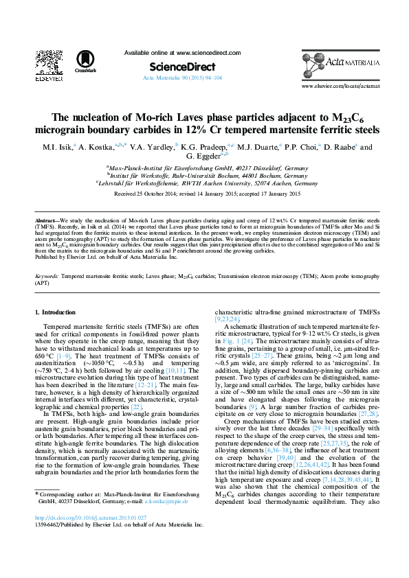 (PDF) The nucleation of Mo-rich Laves phase particles adjacent to M23C6 ...