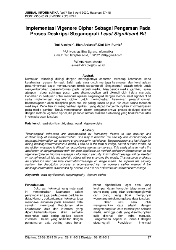 (PDF) Implementasi Vigenere Cipher Sebagai Pengaman Pada Proses Deskripsi Steganografi Least ...