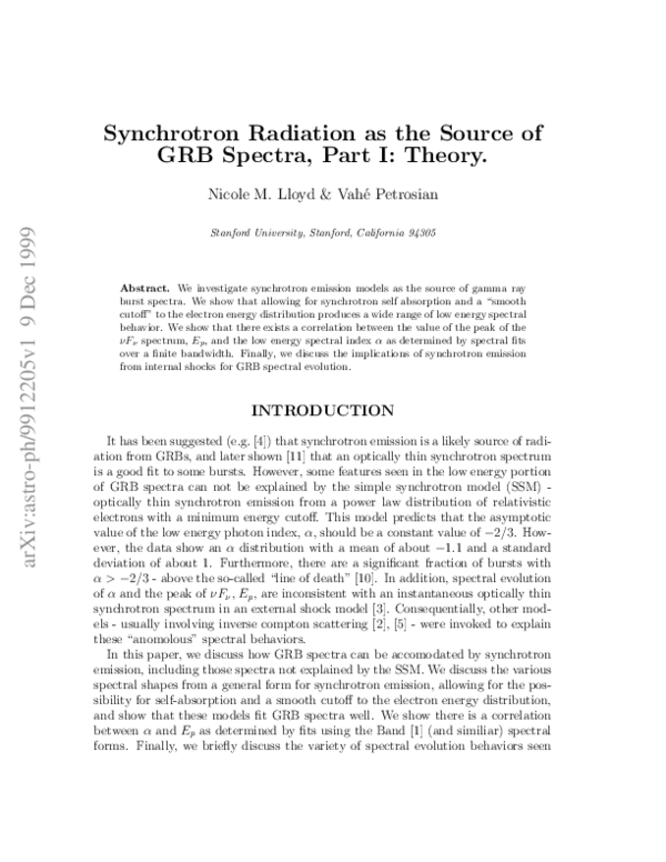 (PDF) Synchrotron radiation as the source of GRB spectra, Part I: Theory