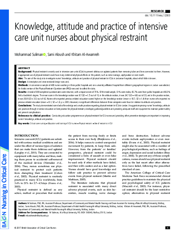 (PDF) Knowledge, attitude and practice of intensive care unit nurses ...