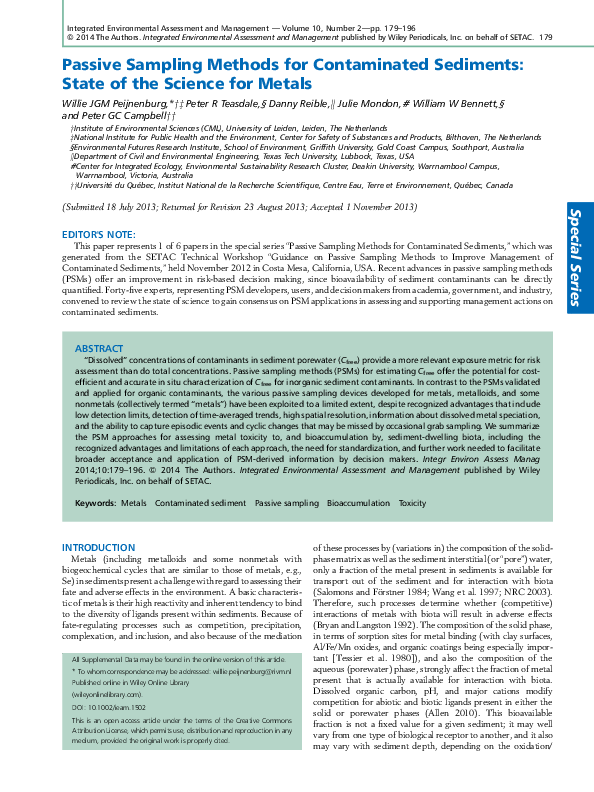 (PDF) Passive sampling methods for contaminated sediments: State of the science for metals