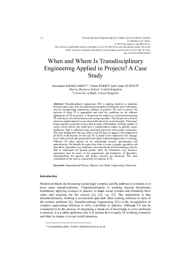 (PDF) When and Where Is Transdisciplinary Engineering Applied in ...