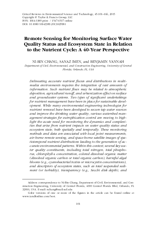 Pdf Remote Sensing For Monitoring Surface Water Quality Status And Ecosystem State In Relation