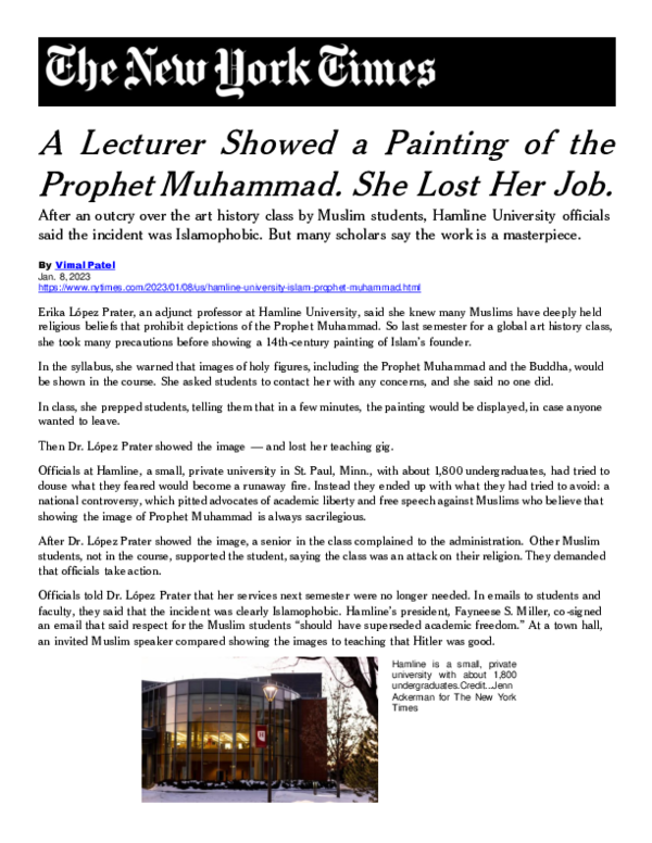 (PDF) A Lecturer Showed a Painting of the Prophet Muhammad, She Lost ...