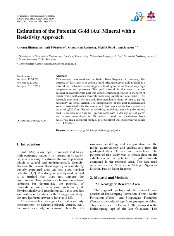 (PDF) Estimation of Potential Gold Mineral (Au) with a Resistivity Approach