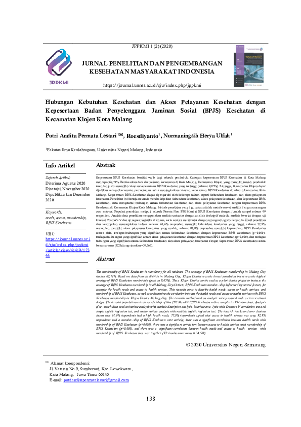 (PDF) Kebutuhan Kesehatan dan Akses Pelayanan Kesehatan dengan Kepesertaan Badan Penyelenggara ...