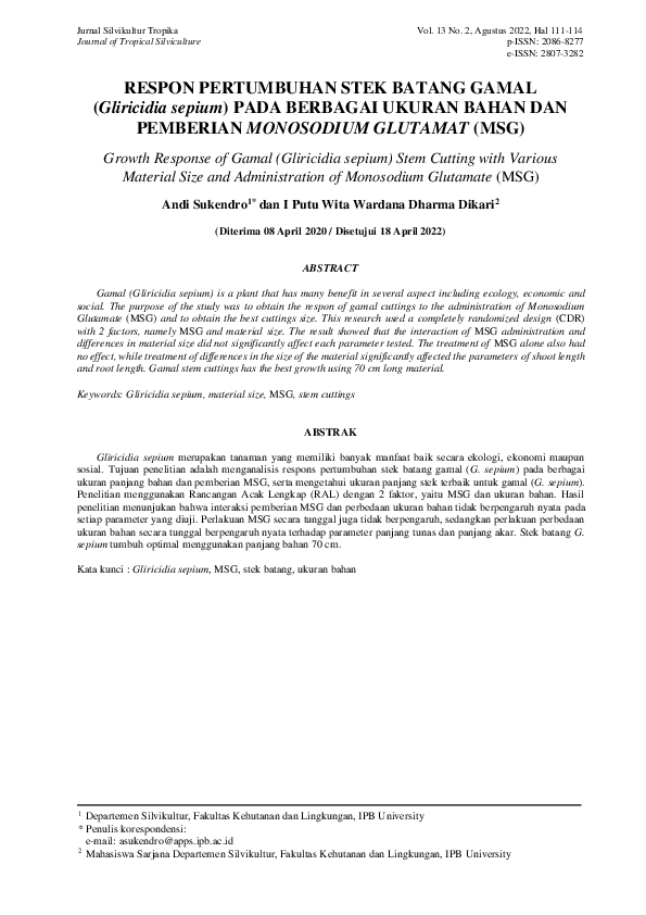 (PDF) Respon Pertumbuhan Stek Batang Gamal (Gliricidia sepium) pada Berbagai Ukuran Bahan dan ...