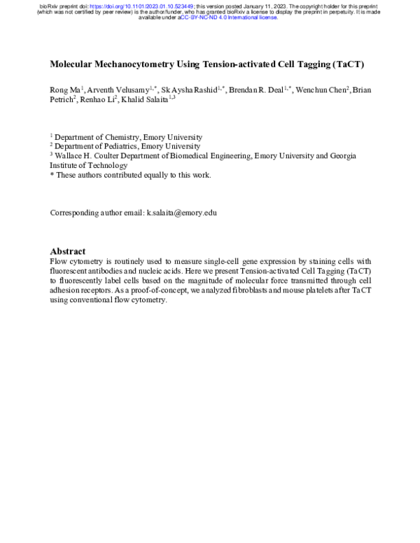 (PDF) Molecular Mechanocytometry Using Tension-activated Cell Tagging ...