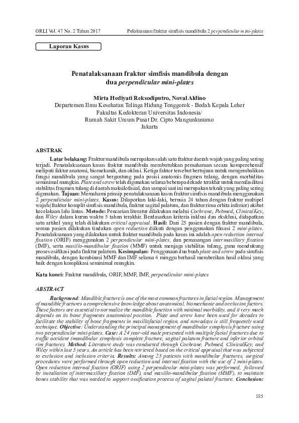 (PDF) Penatalaksanaan fraktur simfisis mandibula dengan dua ...