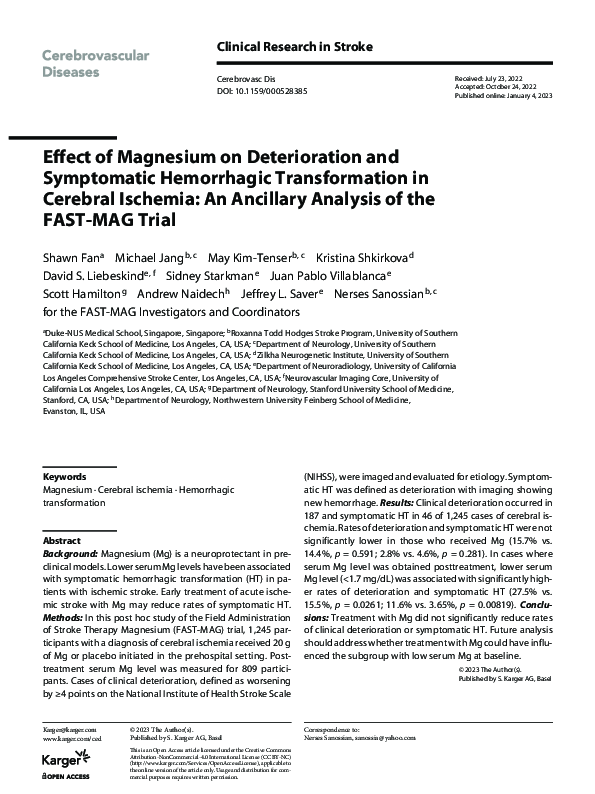 (PDF) Effect of Magnesium on Deterioration and Symptomatic Hemorrhagic ...