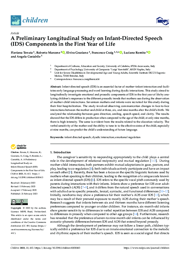 (PDF) A Preliminary Longitudinal Study on Infant-Directed Speech (IDS) Components in the First ...