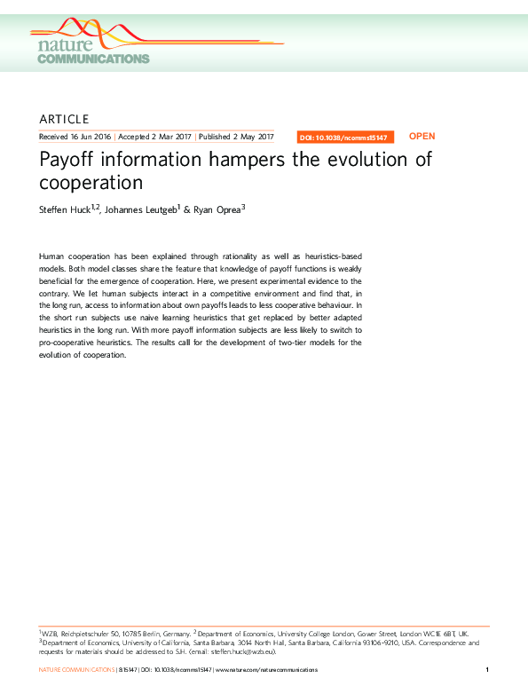 (PDF) Payoff information hampers the evolution of cooperation