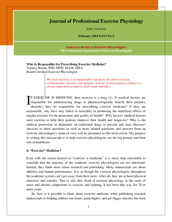 (PDF) 1 Who Is Responsible for Prescribing Exercise Medicine?