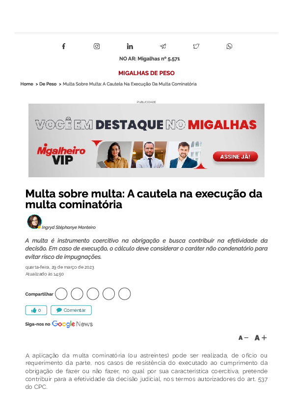 (PDF) Multa sobre multa: A cautela na execução da multa cominatória