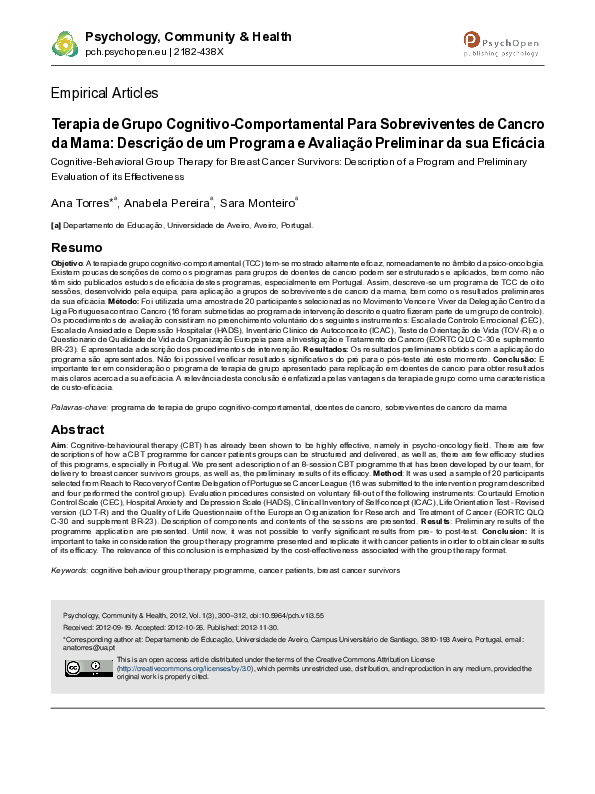 (PDF) Cognitive-Behavioral Group Therapy for Breast Cancer Survivors: Description of a Program ...