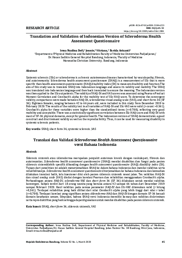 (PDF) Translation and Validation of Indonesian Version of Scleroderma Health Assessment ...