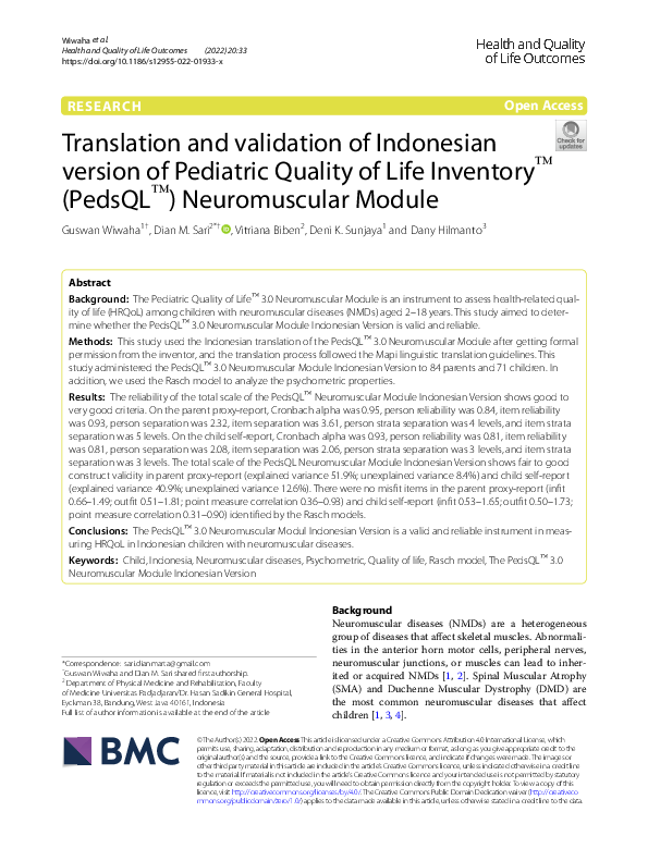 (PDF) Translation and validation of Indonesian version of Pediatric ...