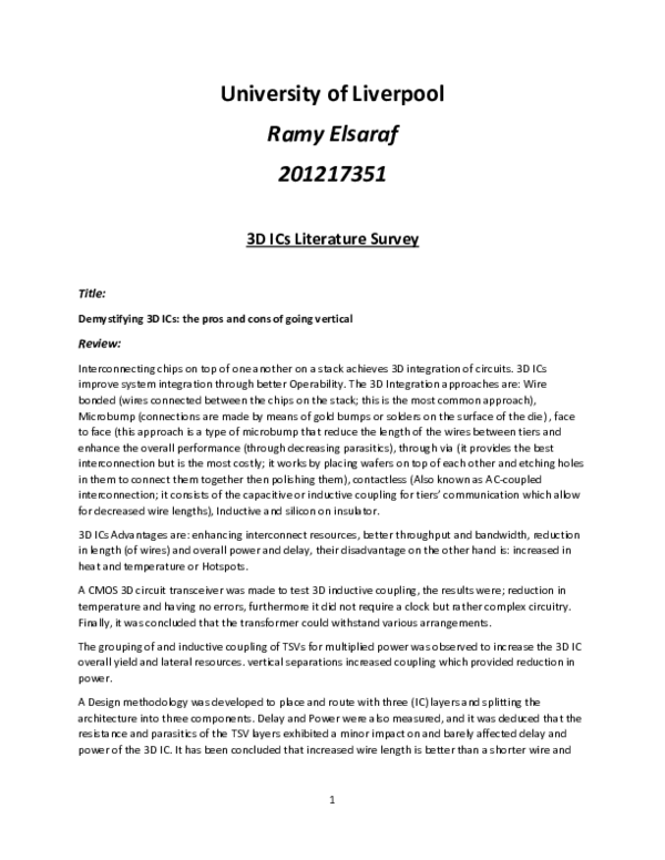 (PDF) 3D Integrated Circuits Literature Survey