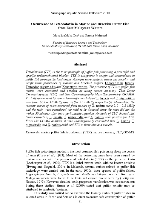 (PDF) Occurrence of Tetrodotoxin in Marine and Brackish Puffer Fish ...