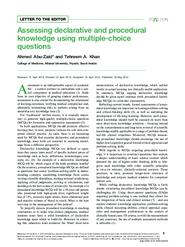 (PDF) Assessing declarative and procedural knowledge using multiple ...