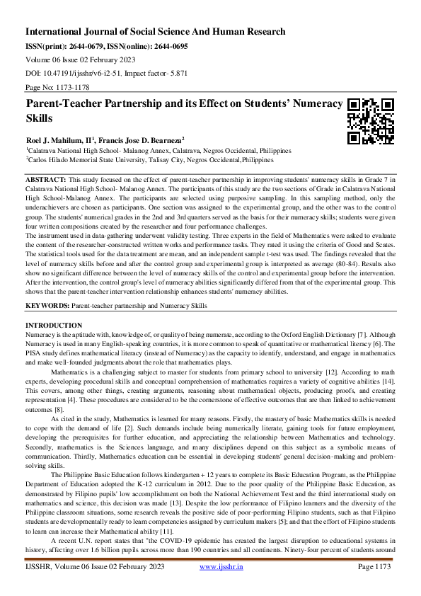 (PDF) Parent-Teacher Partnership and its Effect on Students’ Numeracy Skills