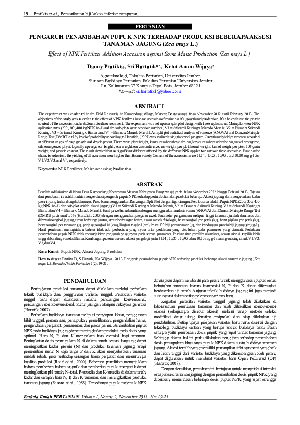 (PDF) PENGARUH PENAMBAHAN PUPUK NPK TERHADAP PRODUKSI BEBERAPA AKSESI TANAMAN JAGUNG (Zea mays L.)