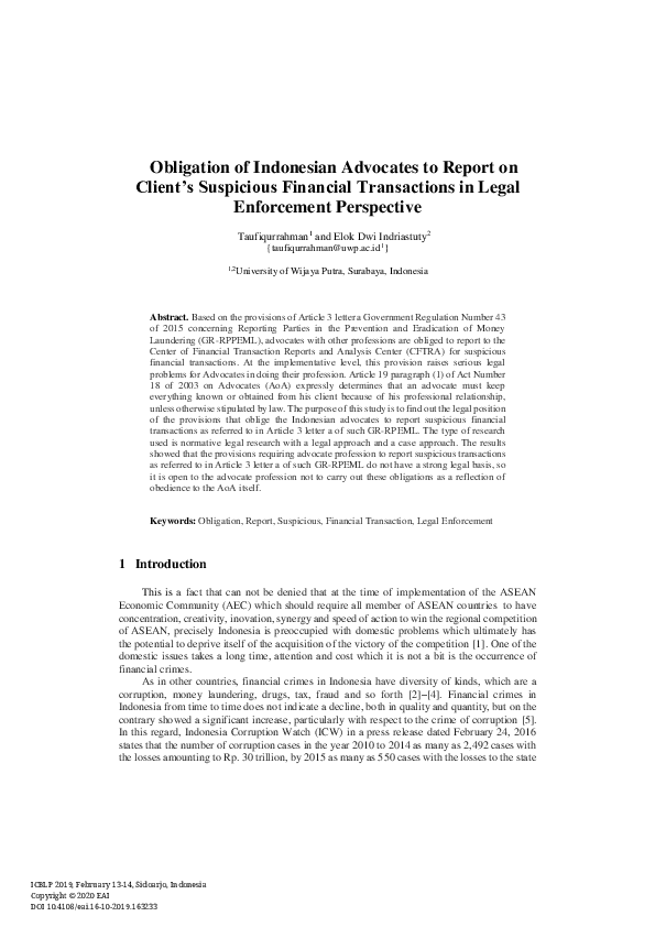 (PDF) Obligation of Indonesian Advocates to Report on Client’s ...
