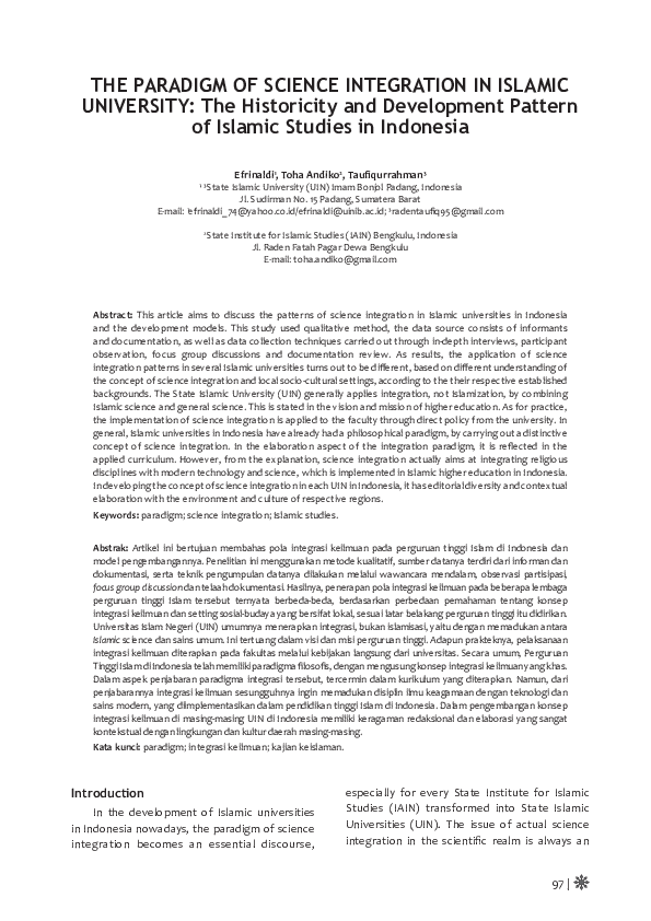 (PDF) The Paradigm of Science Integration in Islamic University: The Historicity and Development ...