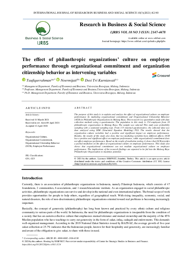 (PDF) The effect of philanthropic organizations’ culture on employee performance through ...