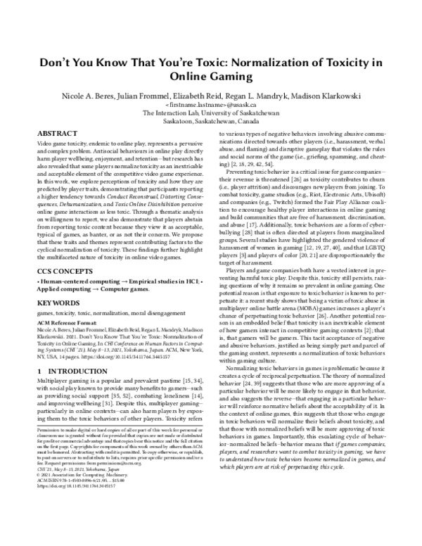 (PDF) Don’t You Know That You’re Toxic: Normalization of Toxicity in ...