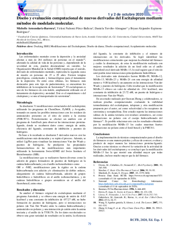 (PDF) Diseño y evaluación computacional de nuevos derivados del Escitalopram mediante métodos de ...