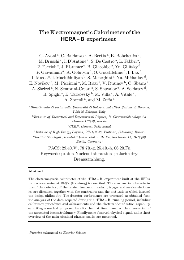 (PDF) The electromagnetic calorimeter of the HERA-B experiment