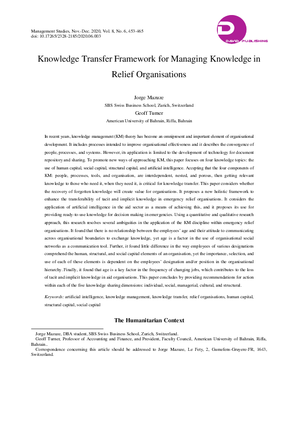 (PDF) Knowledge Transfer Framework for Managing Knowledge in Relief Organisations