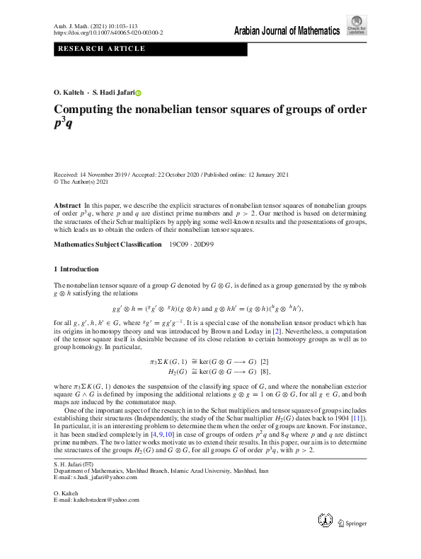 (PDF) Computing the nonabelian tensor squares of groups of order $$\pmb {p^3q}$$