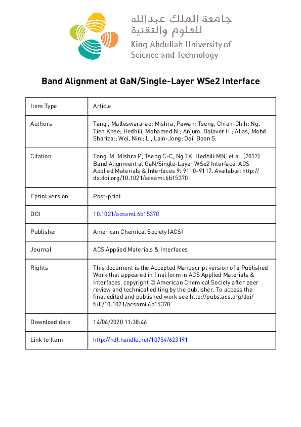 (PDF) Band alignment at GaN/single-layer WSe2 interface