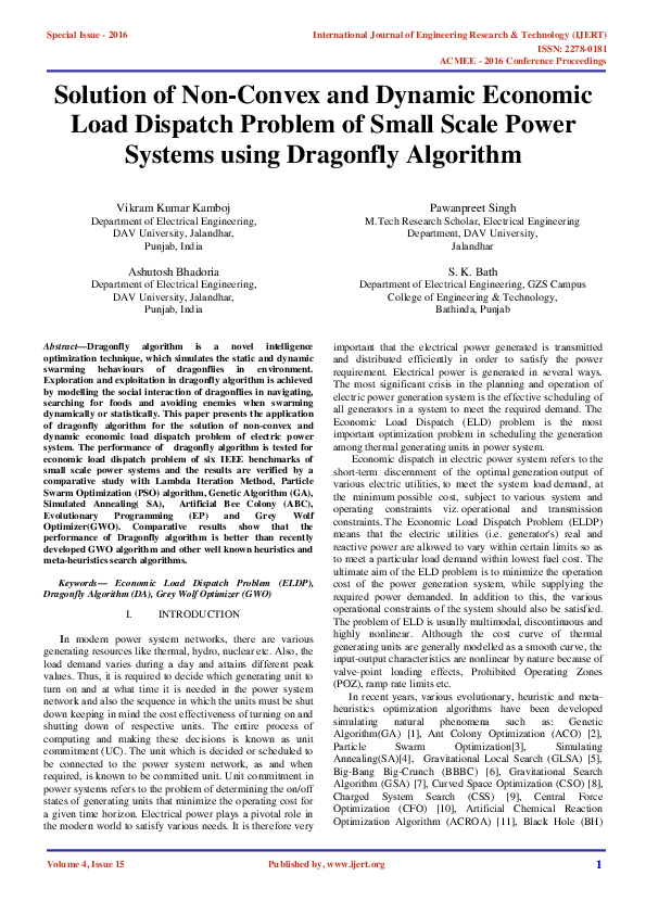 (PDF) Solution of Non-Convex and Dynamic Economic Load Dispatch Problem of Small Scale Power ...