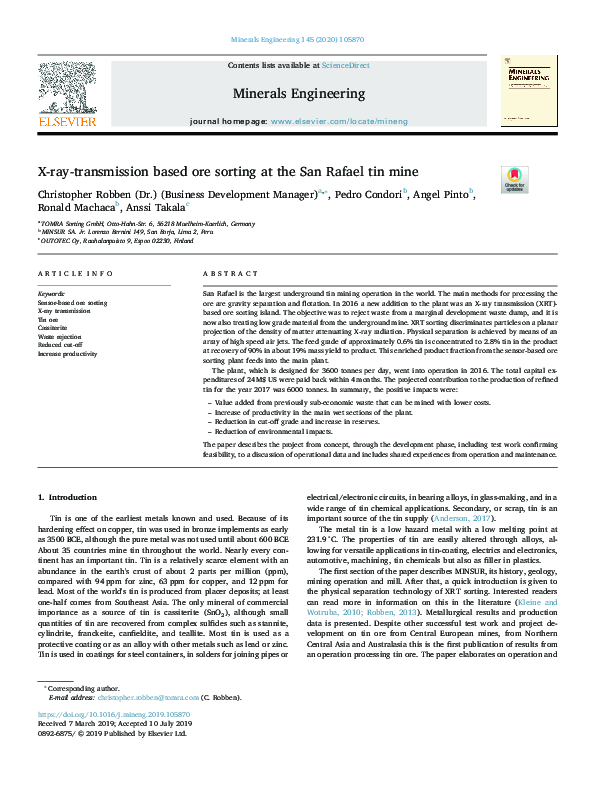 (PDF) X-ray-transmission based ore sorting at the San Rafael tin mine