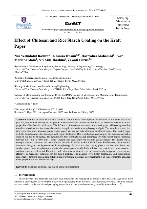 (PDF) Effect of Chitosan and Rice Starch Coating on the Kraft Paper