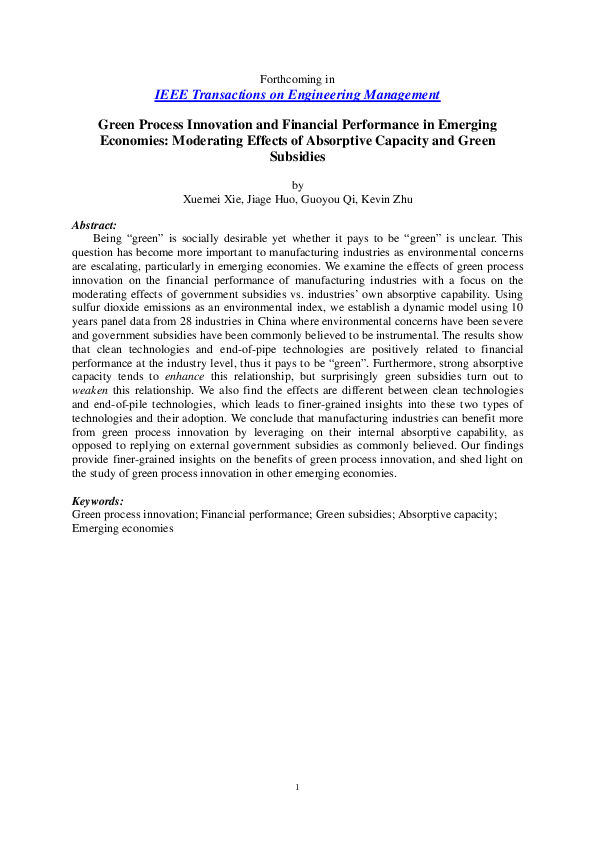 (PDF) Green Process Innovation and Financial Performance in Emerging Economies: Moderating ...