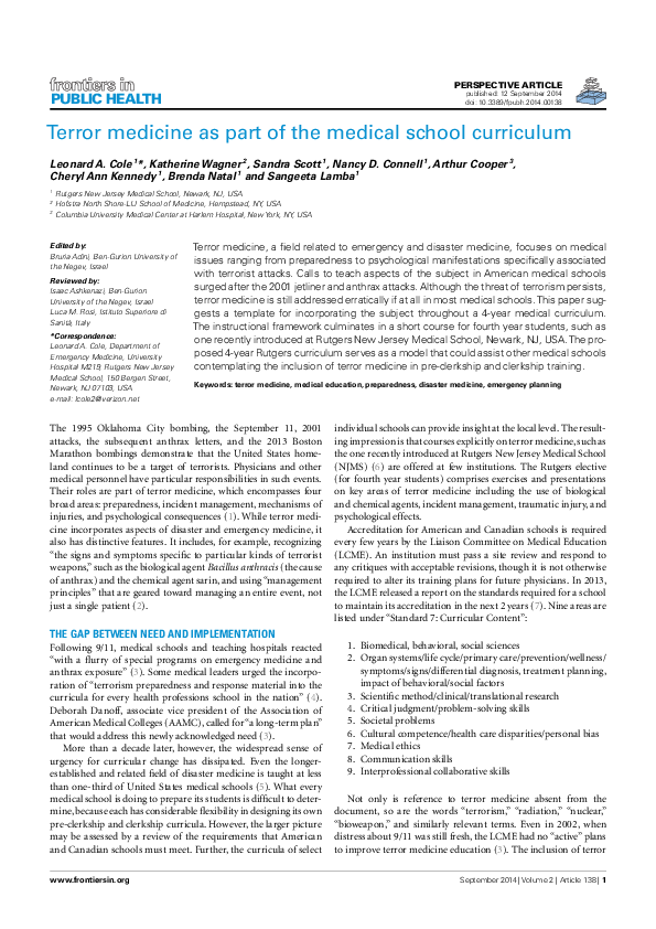 (PDF) Terror Medicine as Part of the Medical School Curriculum | Sandy Scott - Academia.edu