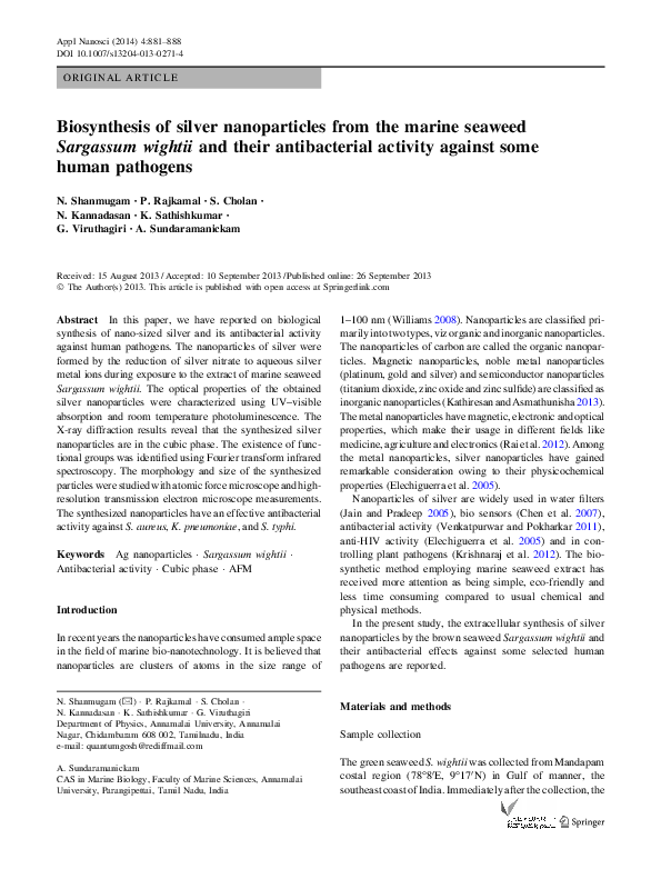 (PDF) Biosynthesis of silver nanoparticles from the marine seaweed Sargassum wightii and their ...