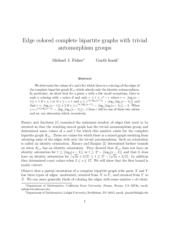 (PDF) Edge colored complete bipartite graphs with trivial automorphism groups