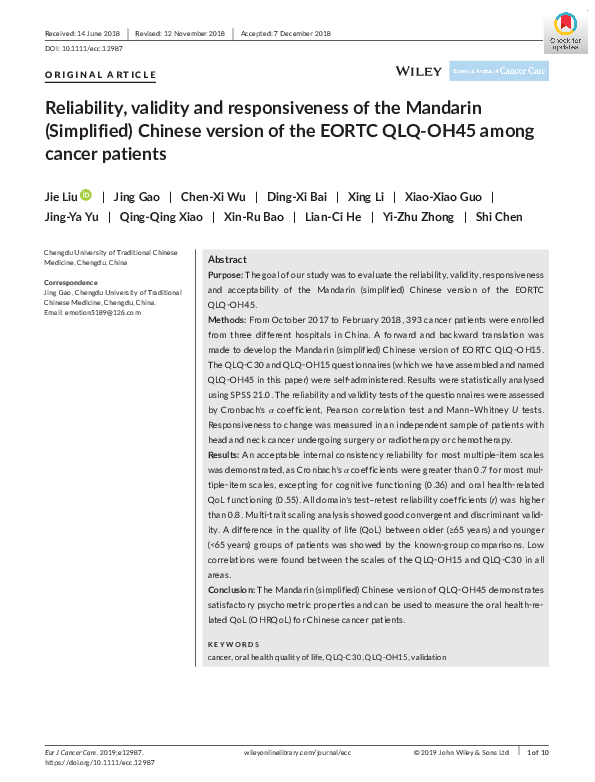 (PDF) Reliability, validity and responsiveness of the Mandarin ...