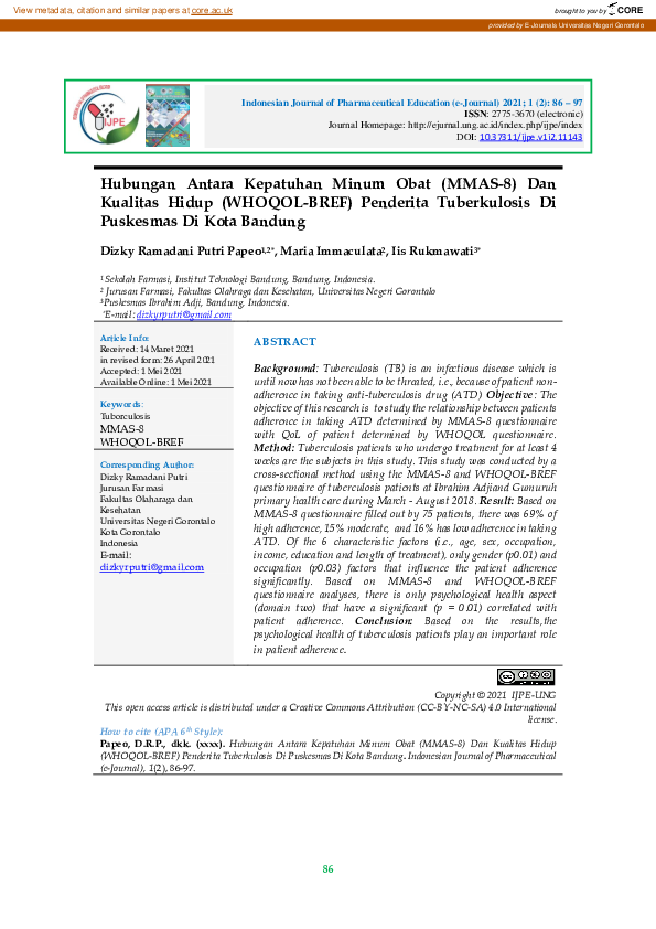 (PDF) Hubungan Antara Kepatuhan Minum Obat (MMAS-8) Dan Kualitas Hidup (WHOQOL-BREF) Penderita ...