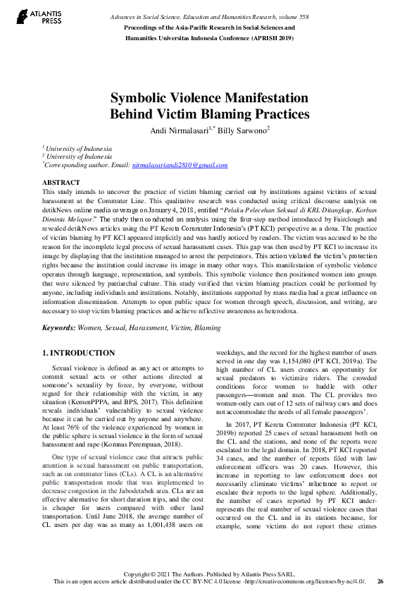 (PDF) Symbolic Violence Manifestation Behind Victim Blaming Practices