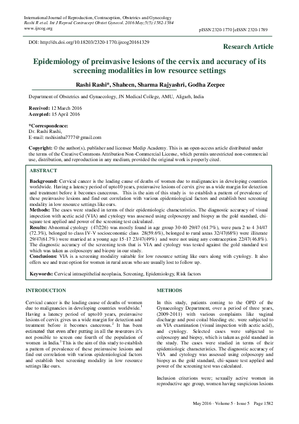 (PDF) Epidemiology of preinvasive lesions of the cervix and accuracy of ...