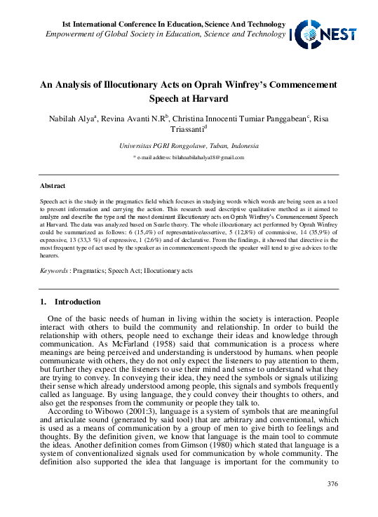 (PDF) An Analysis of Illocutionary Acts on Oprah Winfrey’s Commencement ...