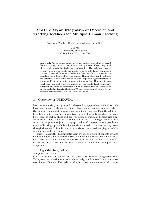 (PDF) UMD_VDT, an Integration of Detection and Tracking Methods for Multiple Human Tracking