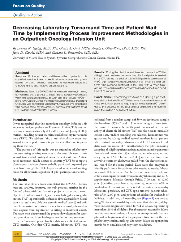 (PDF) Decreasing laboratory turnaround time and patient wait time by implementing process ...